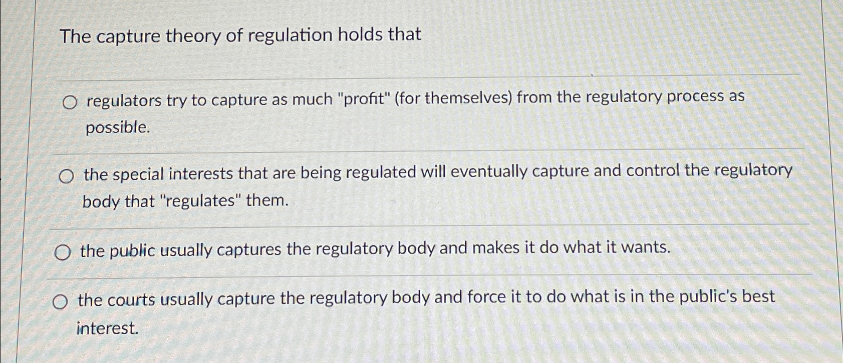 Solved The capture theory of regulation holds thatregulators | Chegg.com