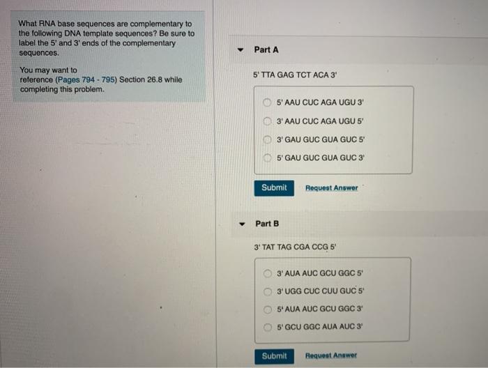 Solved What RNA base sequences are complementary to the | Chegg.com