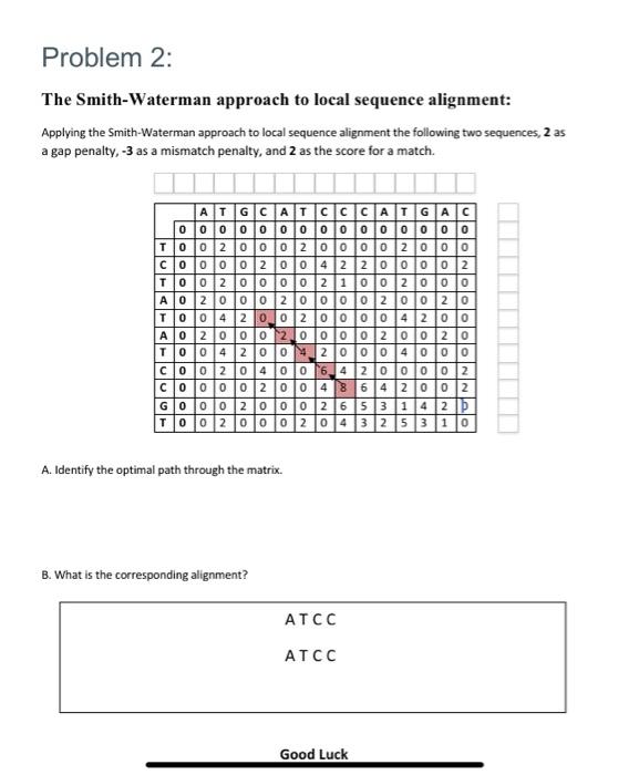 The Smith-Waterman approach to local sequence | Chegg.com