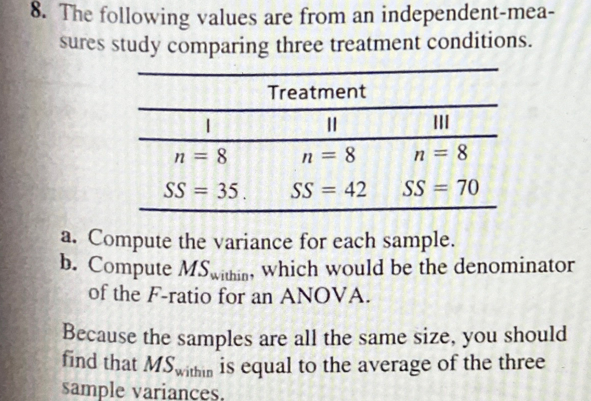 Solved The following values are from an independent-measures | Chegg.com