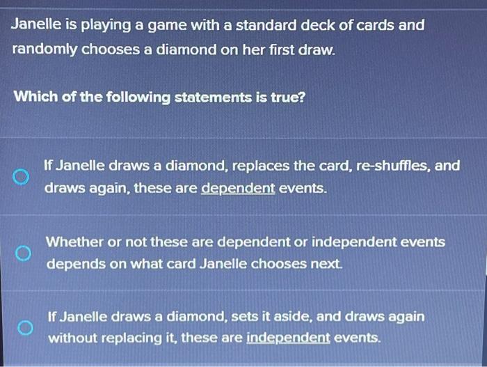 Solved Janelle is playing a game with a standard deck of | Chegg.com