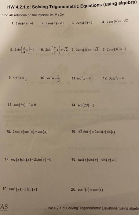 Solved HW 4.2.1.c: Solving Trigonometric Equations (using | Chegg.com