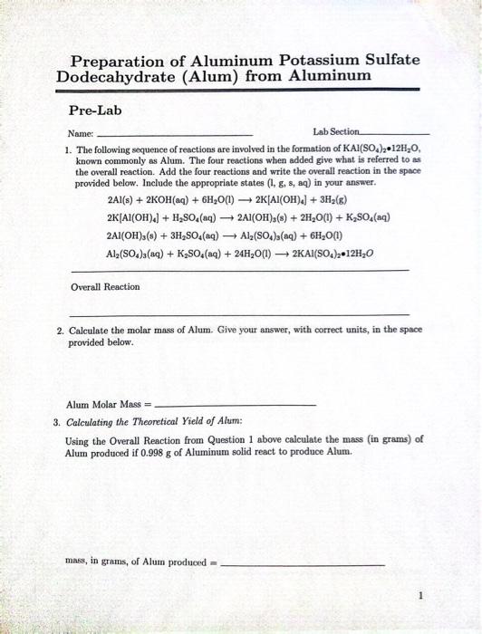 Solved Preparation of Aluminum Potassium Sulfate | Chegg.com