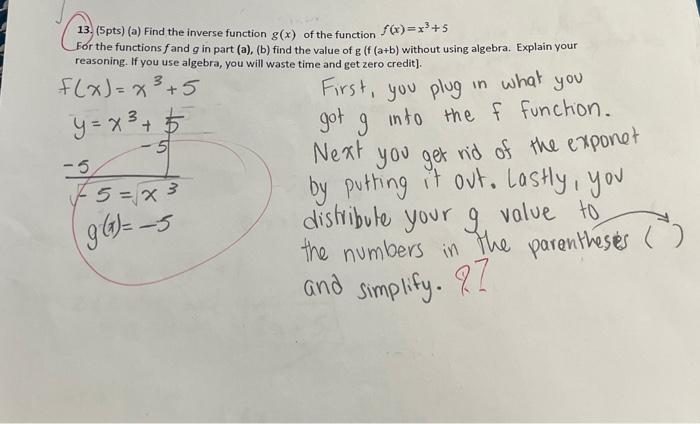 Solved 13. (5pts) (a) Find the inverse function g(x) of the | Chegg.com