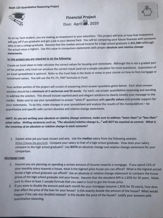 Math 123 Quantitative Reasoning Project Financial | Chegg.com