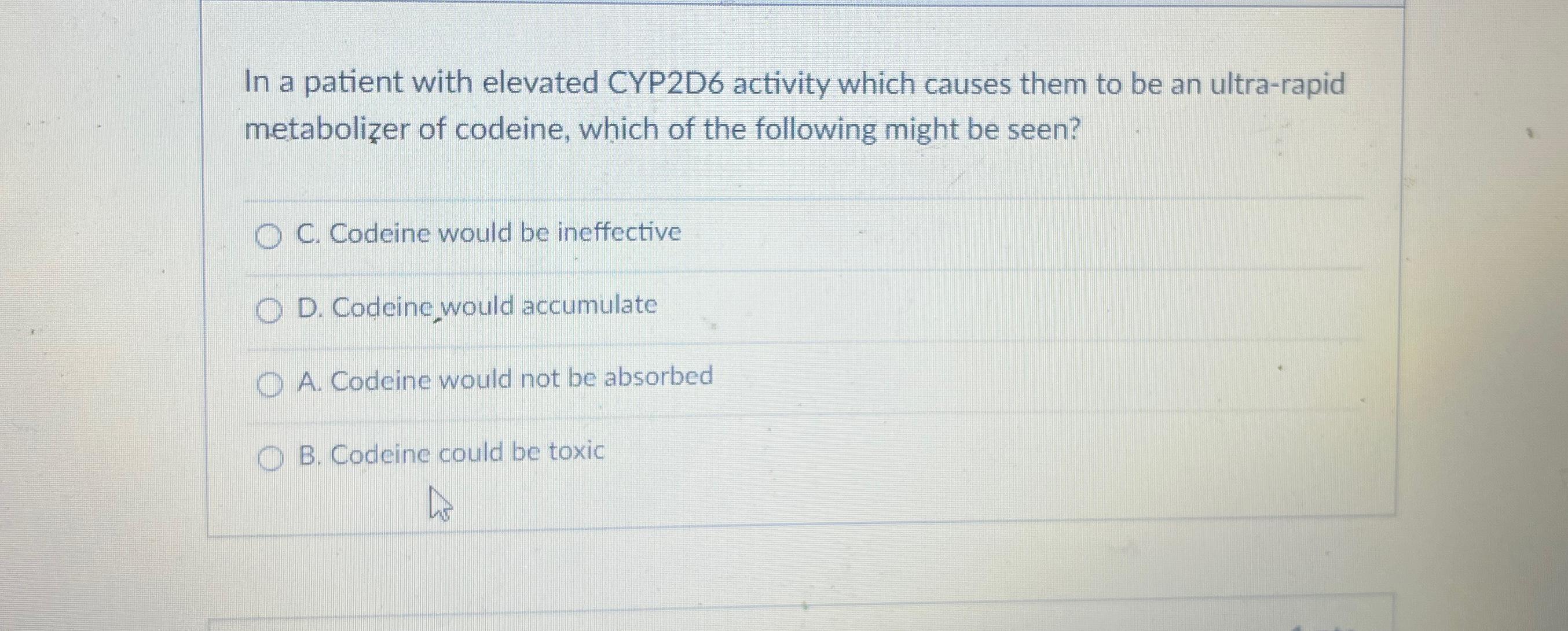 Solved In a patient with elevated CYP2D6 ﻿activity which | Chegg.com