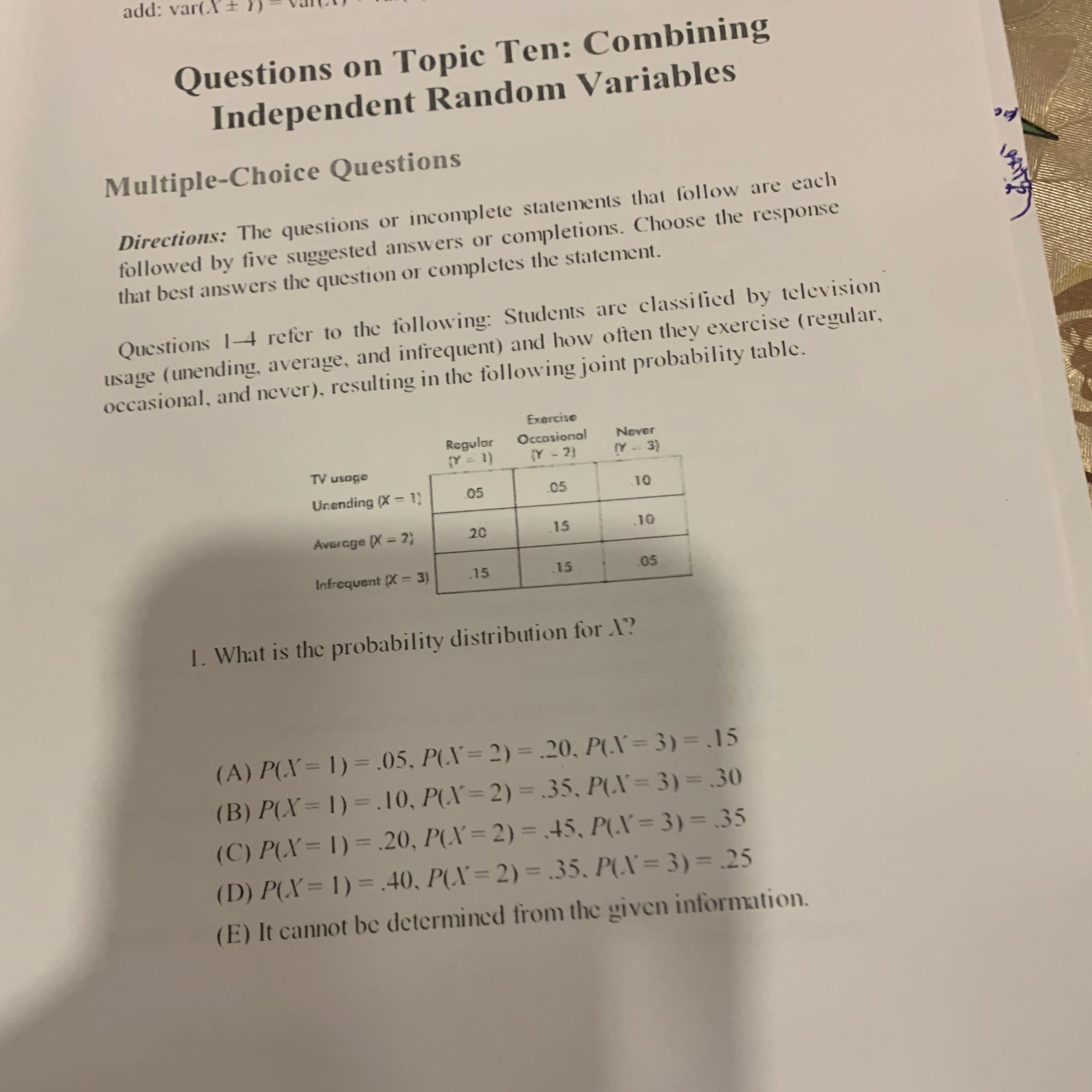 Solved Questions on Topic Ten: Combining Independent Random | Chegg.com