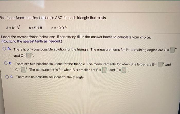 Solved Find the unknown angles in triangle ABC for each | Chegg.com