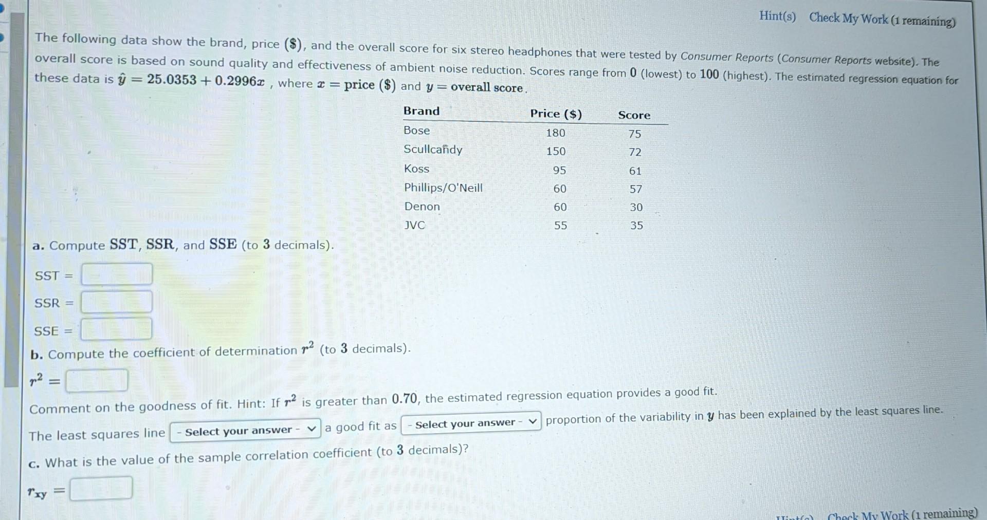 Solved Hint(s) Check My Work (1 remaining) The following | Chegg.com