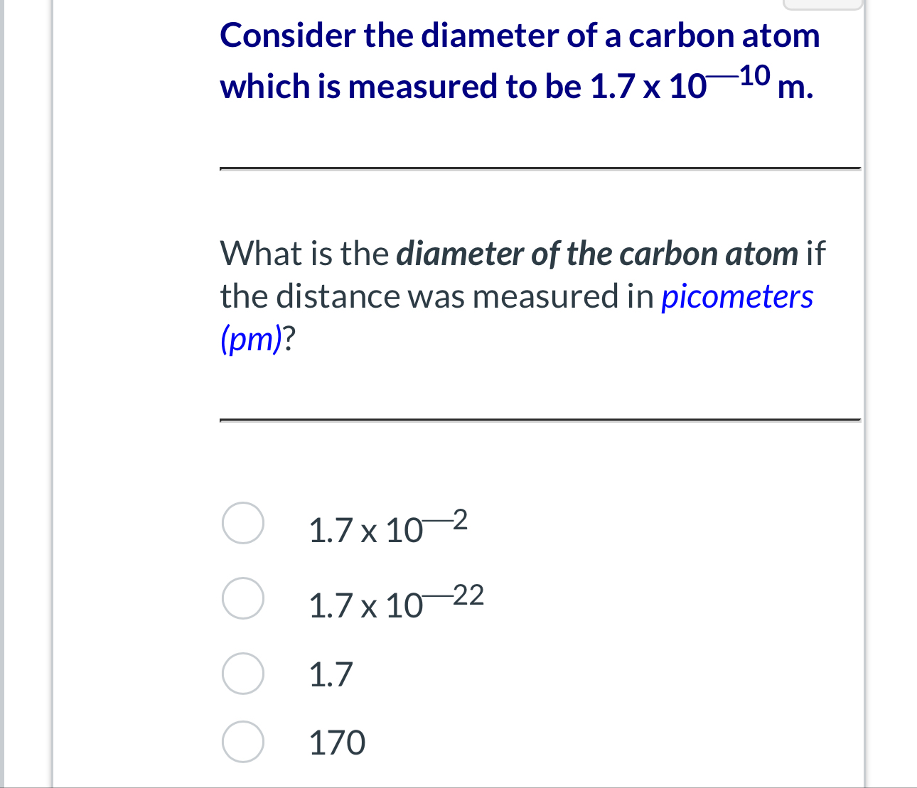 Solved Consider the diameter of a carbon atom which is | Chegg.com