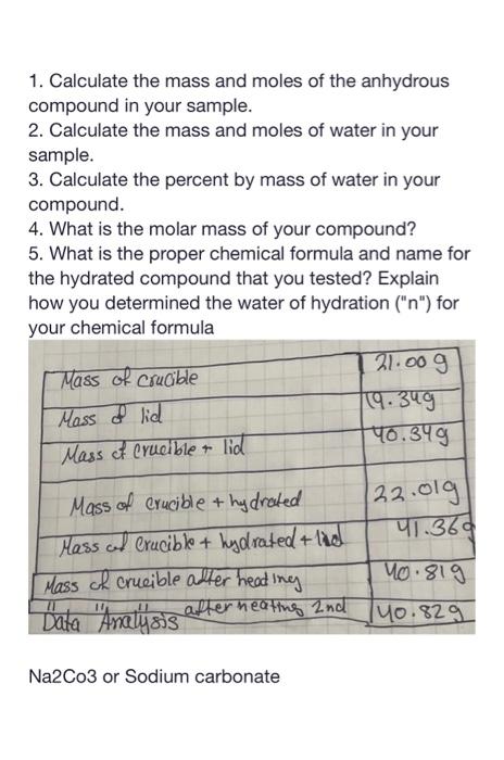 Solved 1. Calculate the mass and moles of the anhydrous | Chegg.com