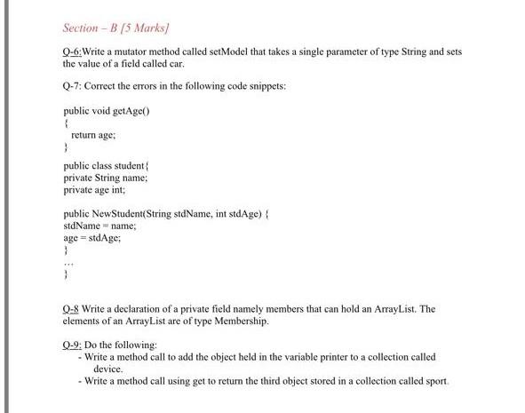 Solved Section B5 Marks 0 6 Write A Mutator Method 