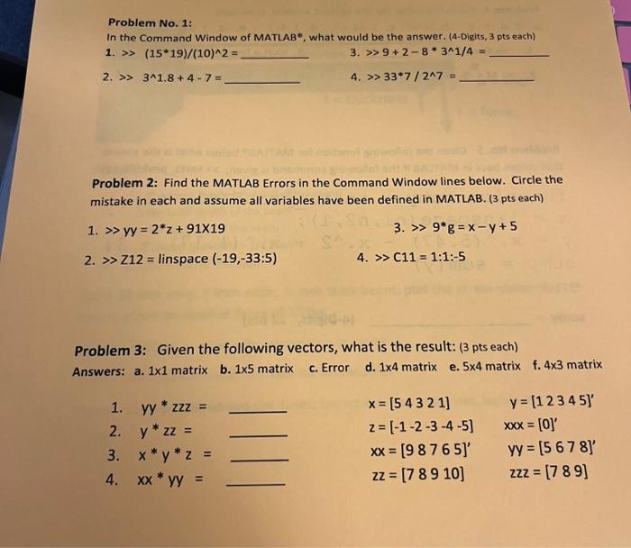 Solved Problem No. 1: In the Command Window of MATLAB", what | Chegg.com