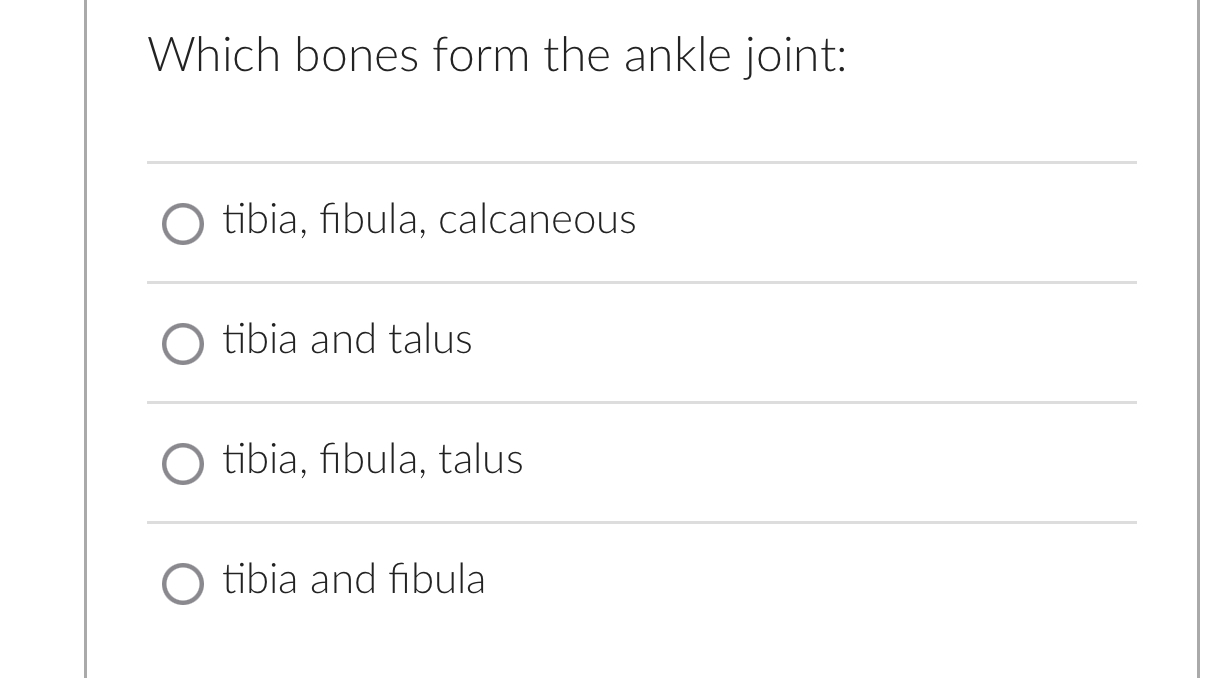 Solved Which bones form the ankle joint:tibia, fibula, | Chegg.com