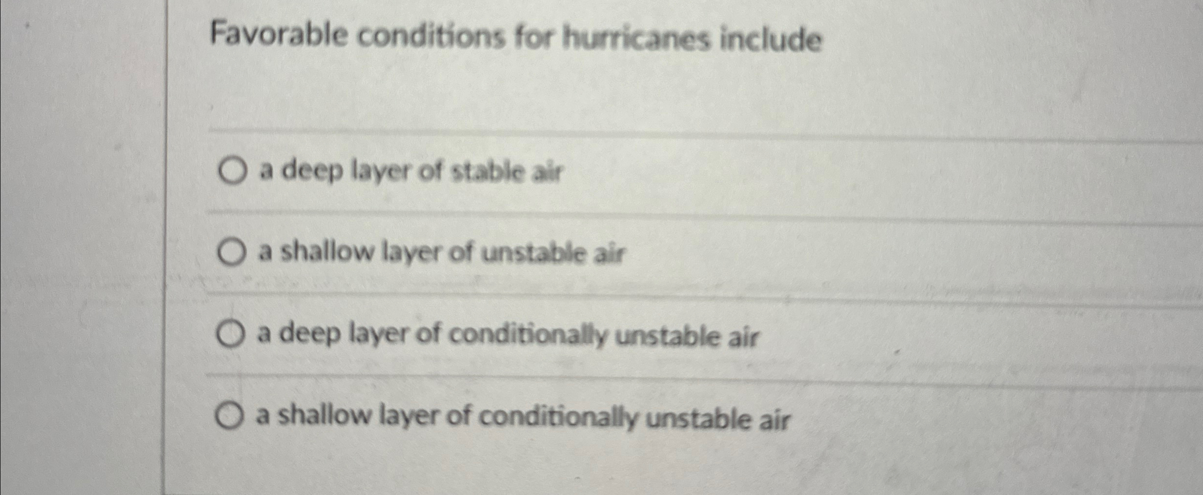 Solved Favorable conditions for hurricanes includeq,a deep | Chegg.com
