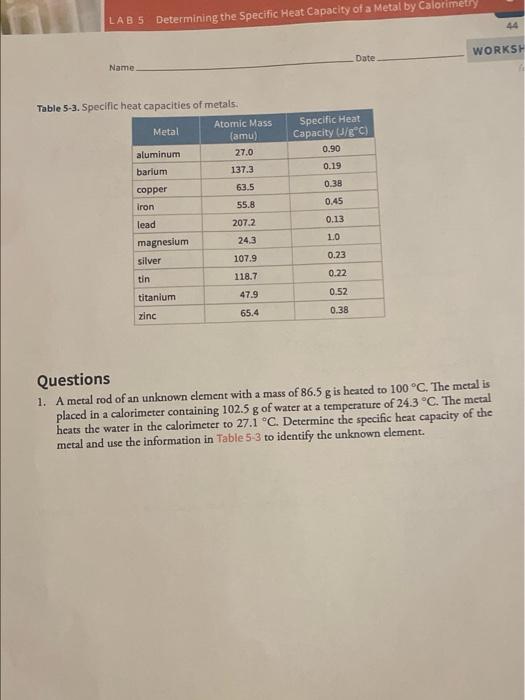 Solved LAB 5 Determining the Specific Heat Capacity of a | Chegg.com