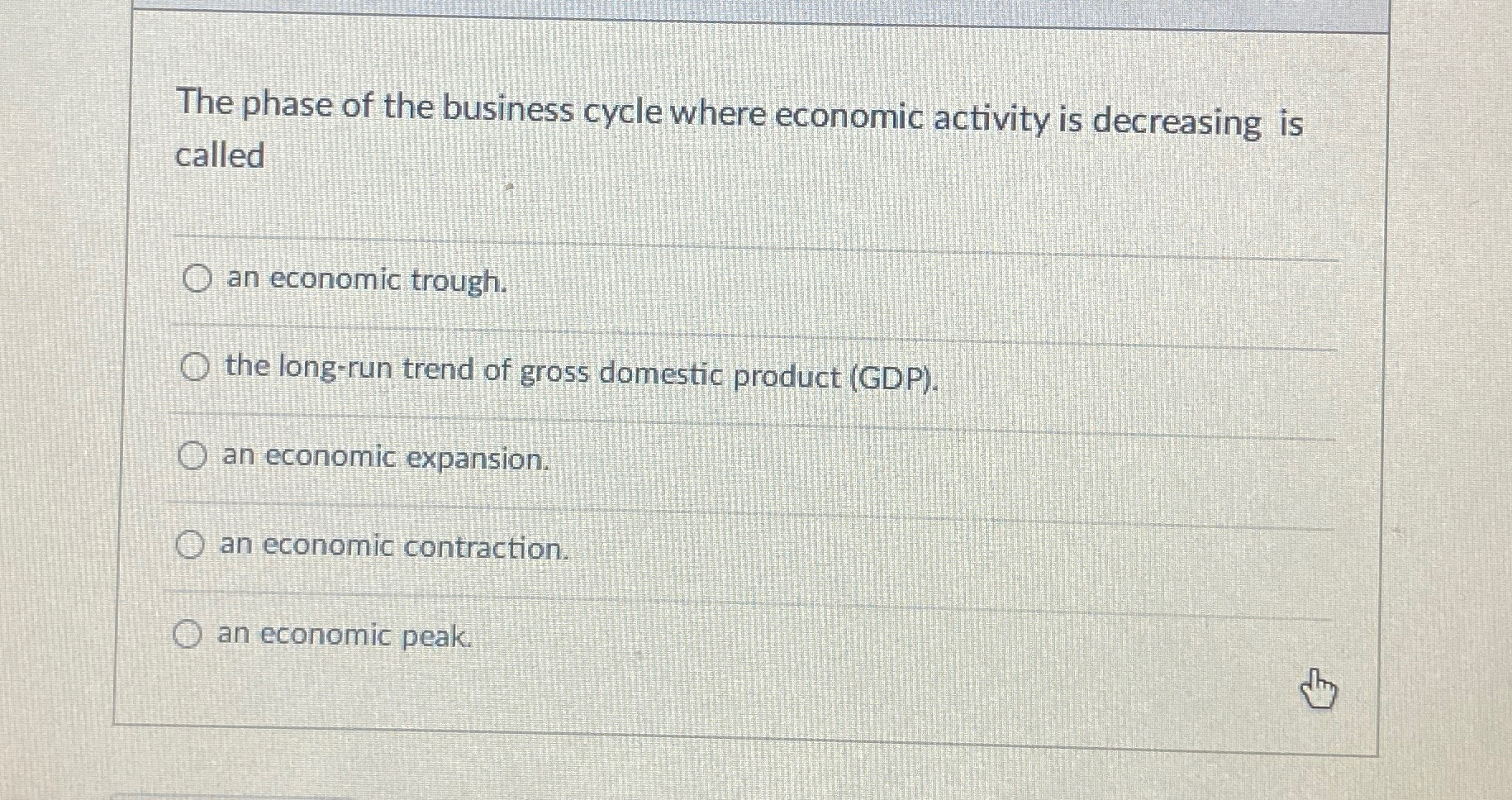 Solved The phase of the business cycle where economic | Chegg.com