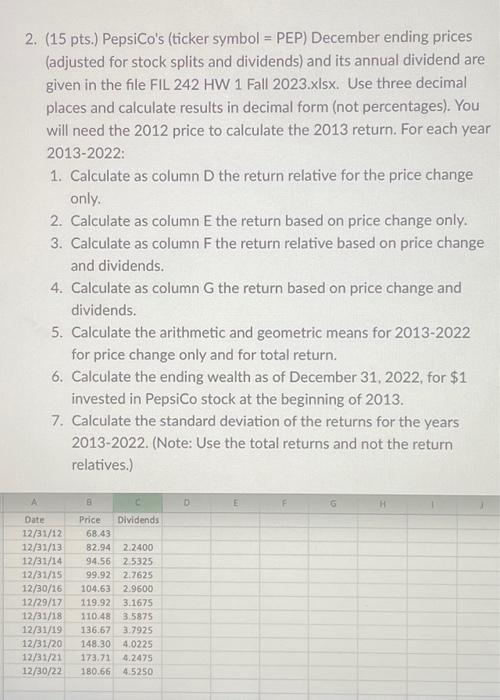 2. (15 pts.) PepsiCo's (ticker symbol = PEP) December | Chegg.com