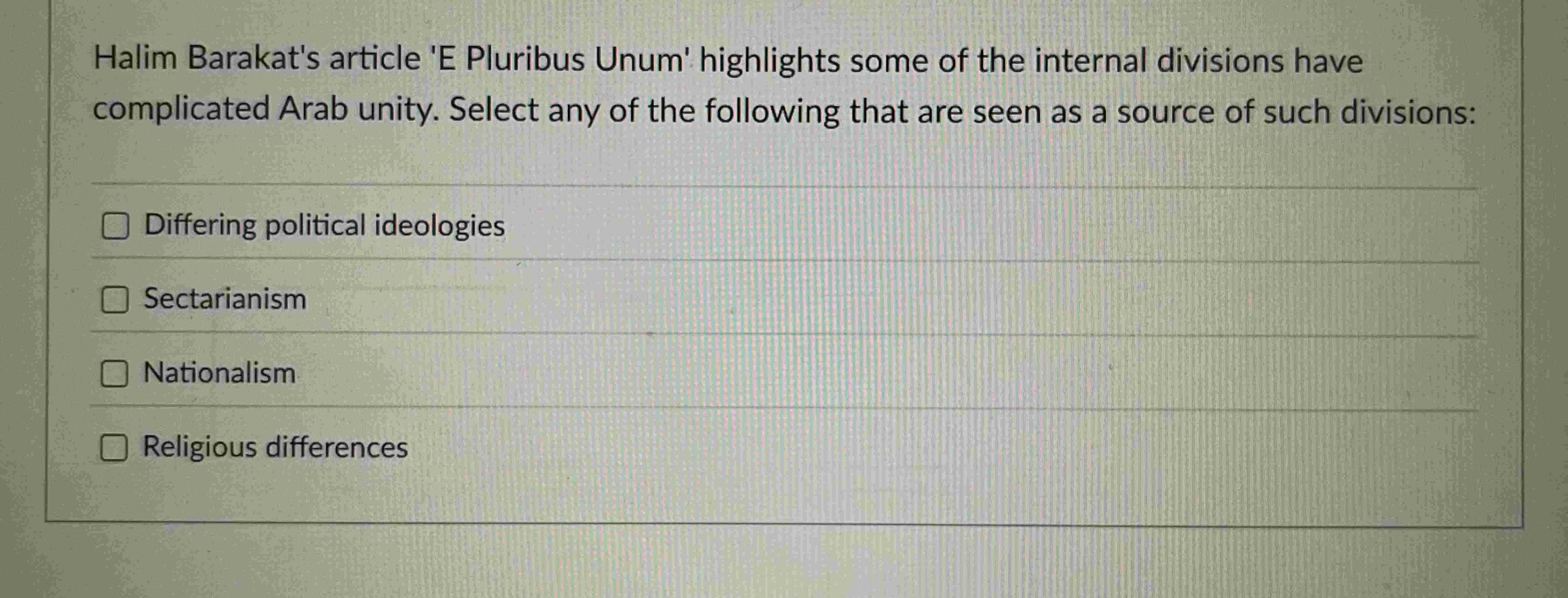 Solved Halim Barakat's article 'E Pluribus Unum' highlights | Chegg.com