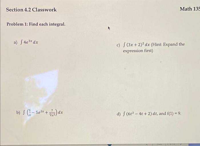 Solved Section 4.2 Classwork Math 135 Problem 1: Find each | Chegg.com