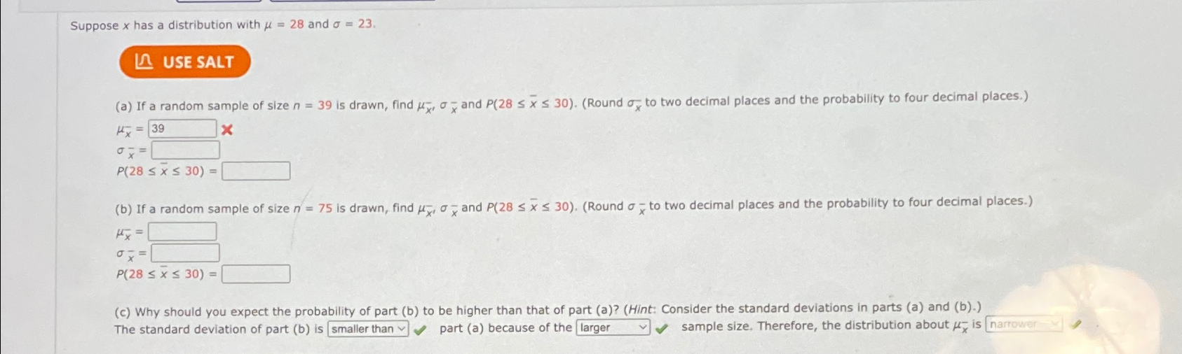 Solved Suppose x ﻿has a distribution with μ=28 ﻿and σ=23.(a) | Chegg.com