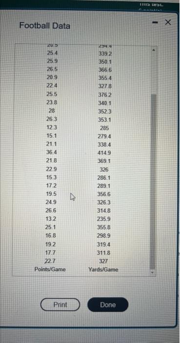 Solved The accompanying data are from a football league for | Chegg.com