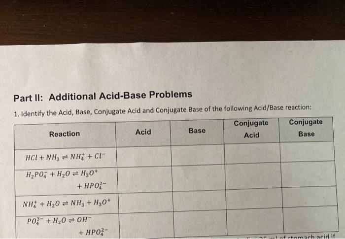 Solved Part II: Additional Acid-Base Problems 1. Identify | Chegg.com