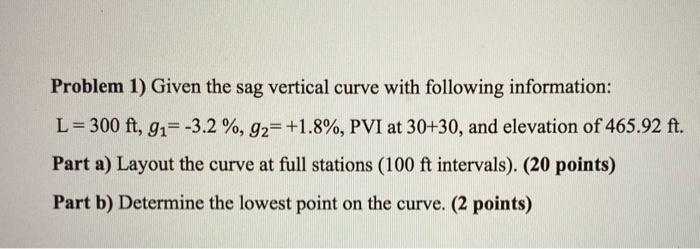 Solved Problem 1) Given the sag vertical curve with | Chegg.com