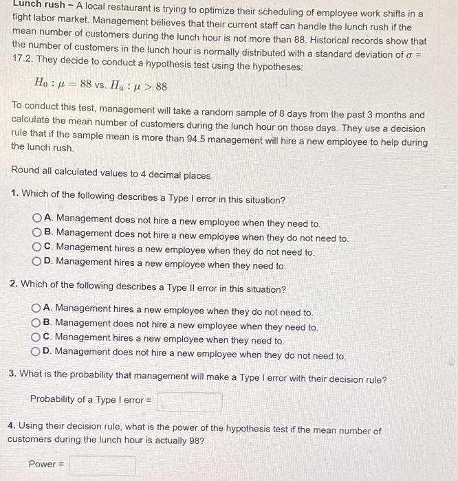 Solved Lunch rush - A local restaurant is trying to optimize | Chegg.com