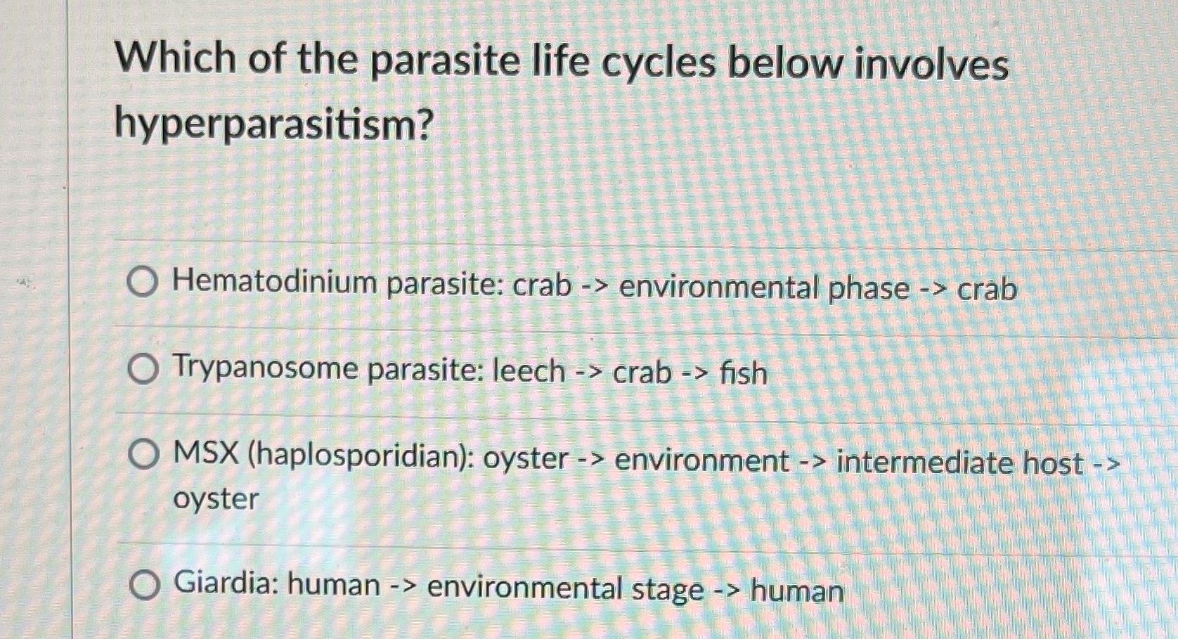 Solved Which of the parasite life cycles below involves | Chegg.com