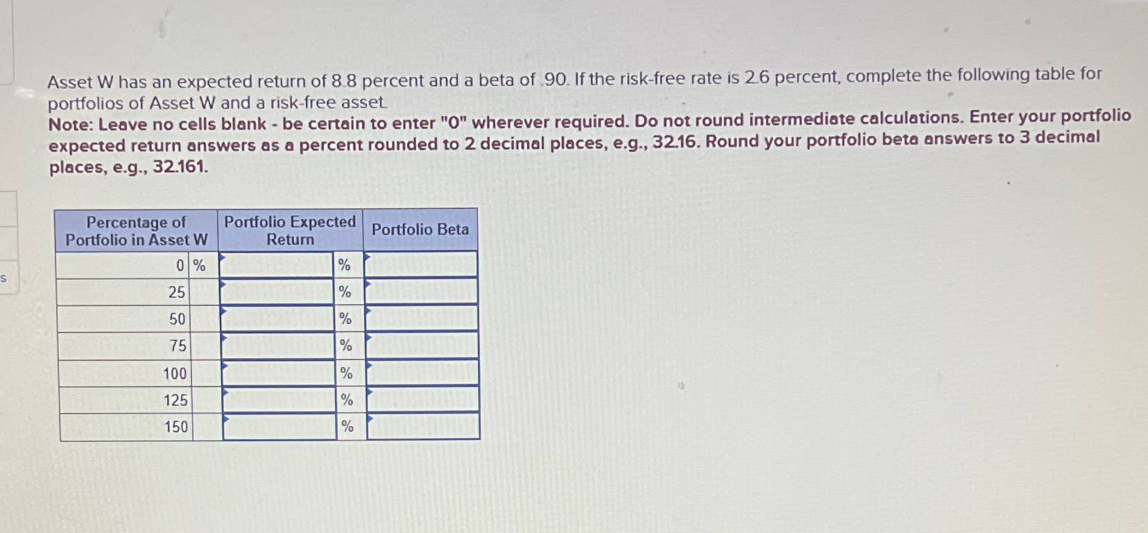 Solved Asset W ﻿has an expected return of 8.8 ﻿percent and a | Chegg.com