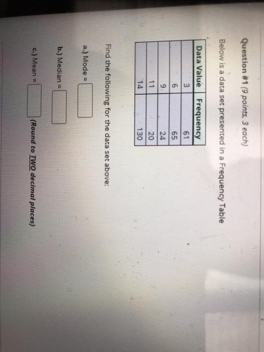 Solved Question #1 (9 points, 3 each) Below is a data set | Chegg.com