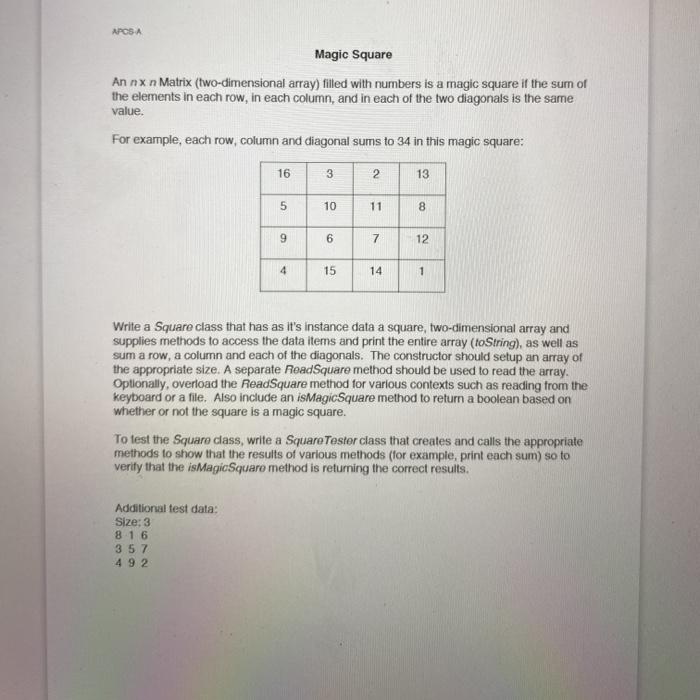 Solved APCSA Magic Square An nx n Matrix (two-dimensional | Chegg.com