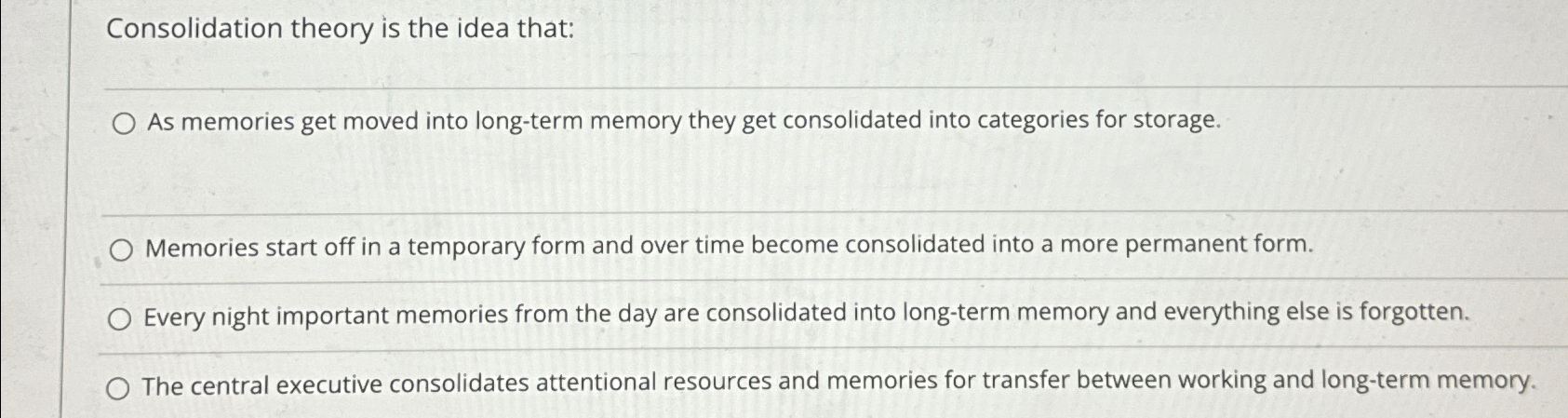 Solved Consolidation theory is the idea that:q,As memories | Chegg.com