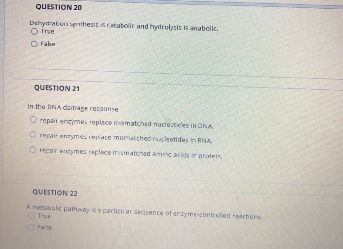 Solved QUESTION 20 Dehydration synthesis is catabolic and | Chegg.com