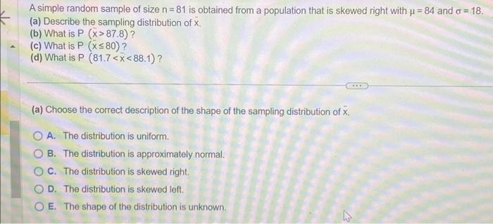Solved A simple random sample of size n=81 is obtained from | Chegg.com