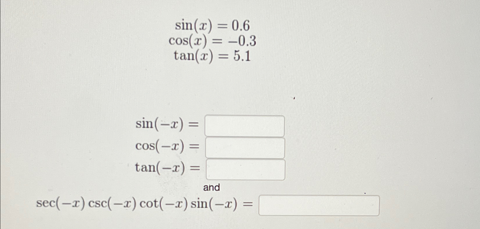 sin(x)=0.6cos(x)=-0.3tan(x)=5.1sin(-x)=cos(-x)=tan(-x | Chegg.com