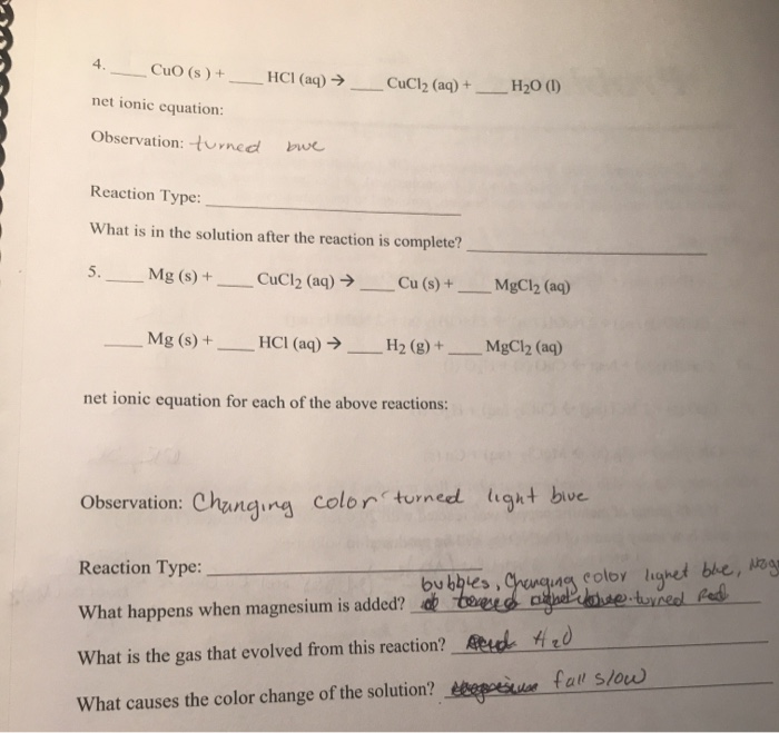 Solved CuO (s) + HCl(aq) → CuCl2 (aq) +_ H20 (1) net ionic | Chegg.com