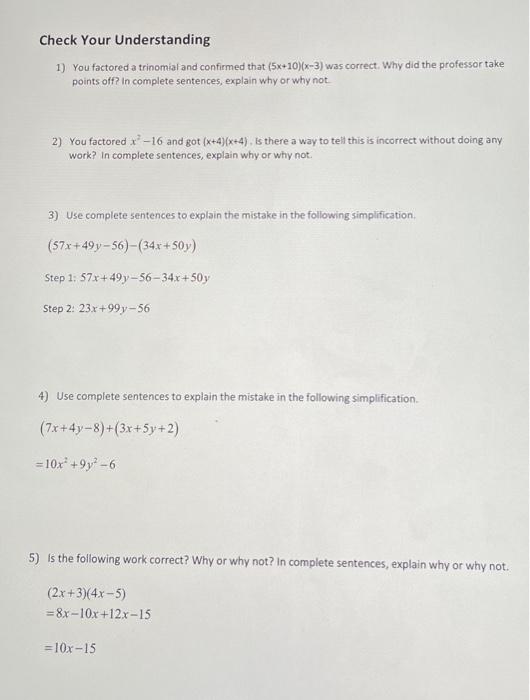Solved Check Your Understanding 1) You factored a trinomial | Chegg.com