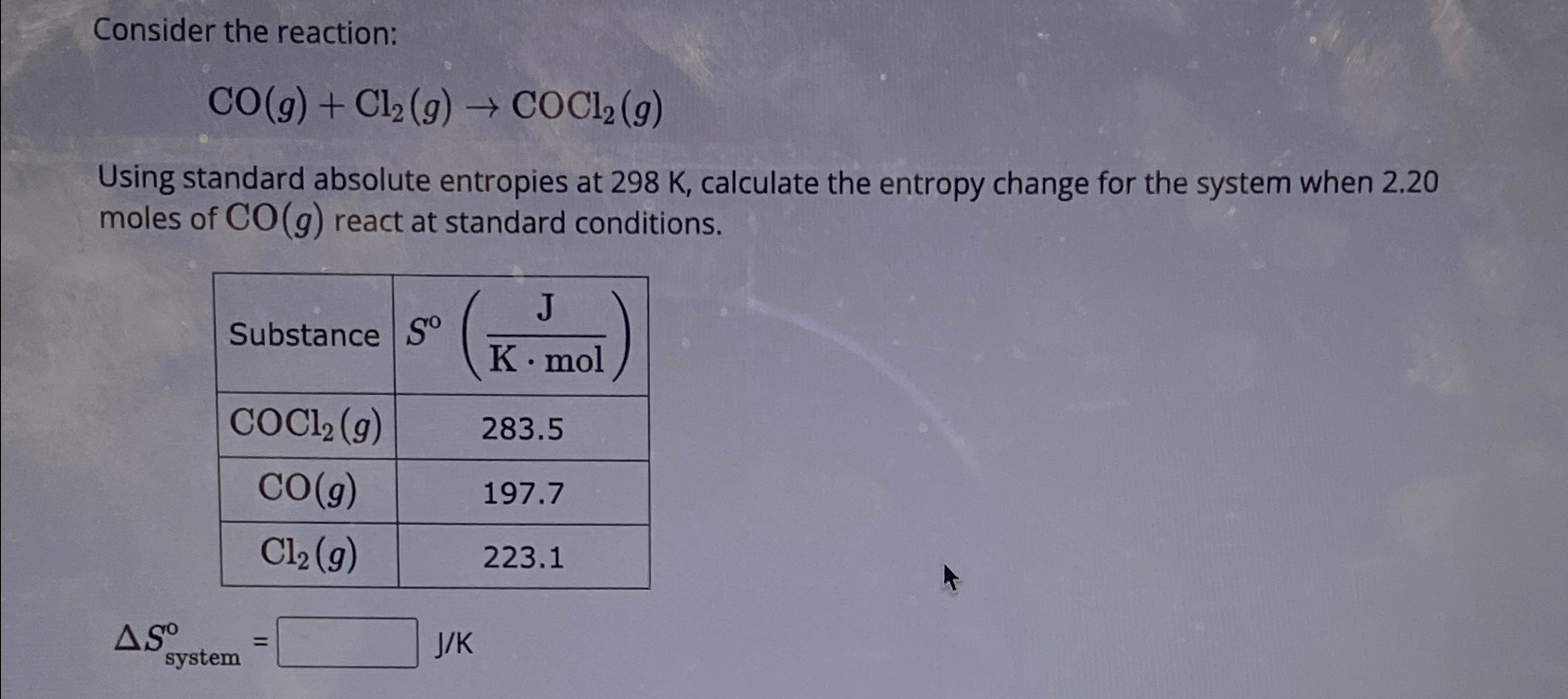 Solved Consider the reaction:CO(g)+Cl2(g)→COCl2(g)Using | Chegg.com