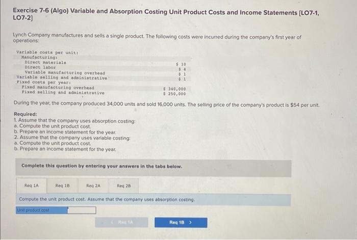 Solved Exercise 7.6 (Algo) Variable and Absorption Costing | Chegg.com