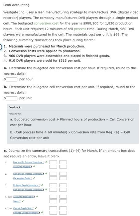 Solved Lean Accounting Westgate Inc, uses a lean | Chegg.com