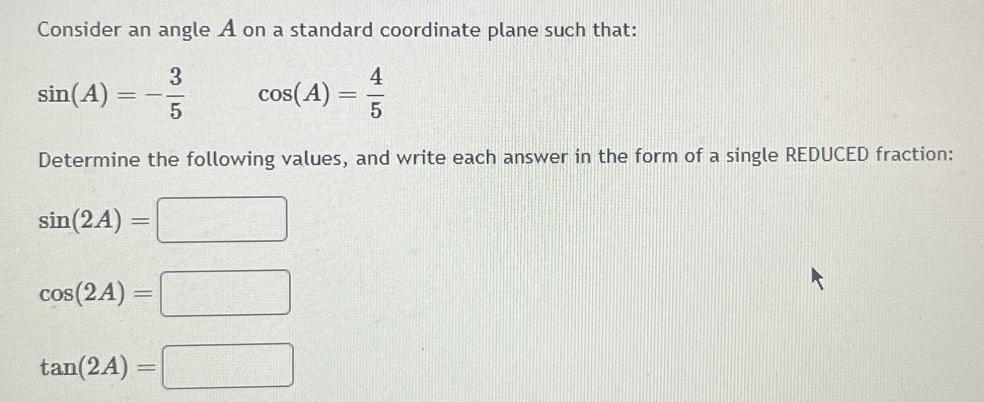 Solved Consider an angle A ﻿on a standard coordinate plane | Chegg.com