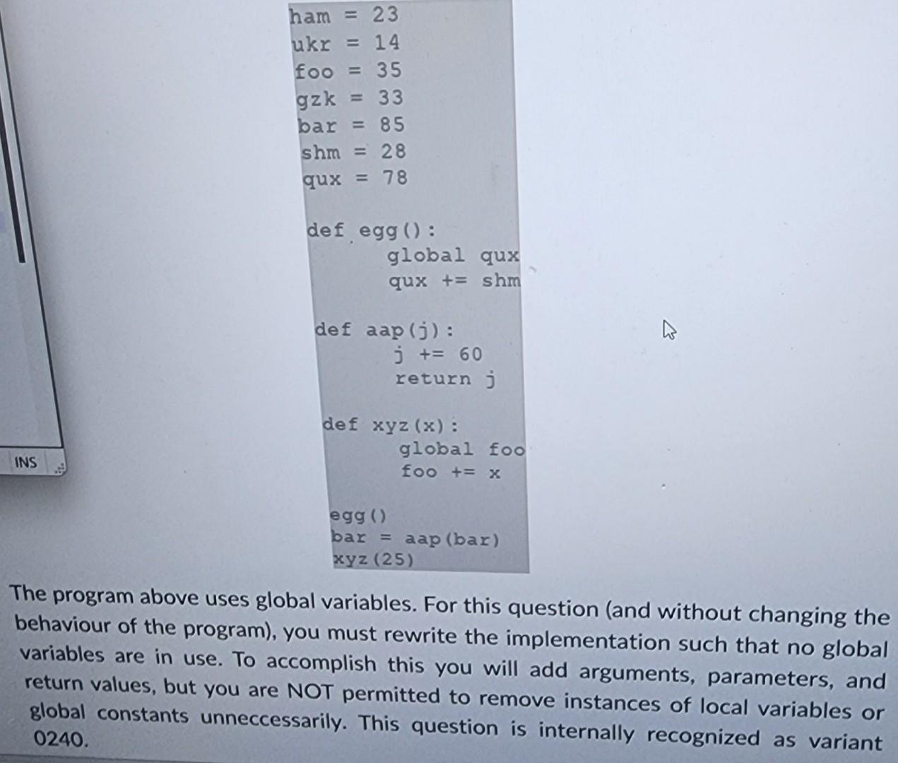 Solved ham =23ukr =14foo =35gzk=33bar =85shm=28qux =78def | Chegg.com