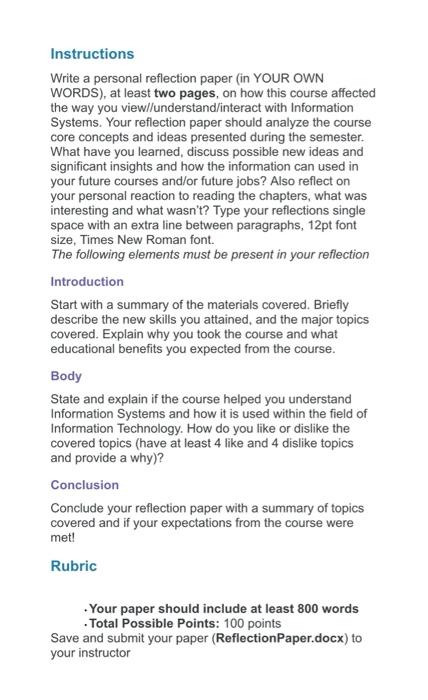 Instructions Write a personal reflection paper in | Chegg.com