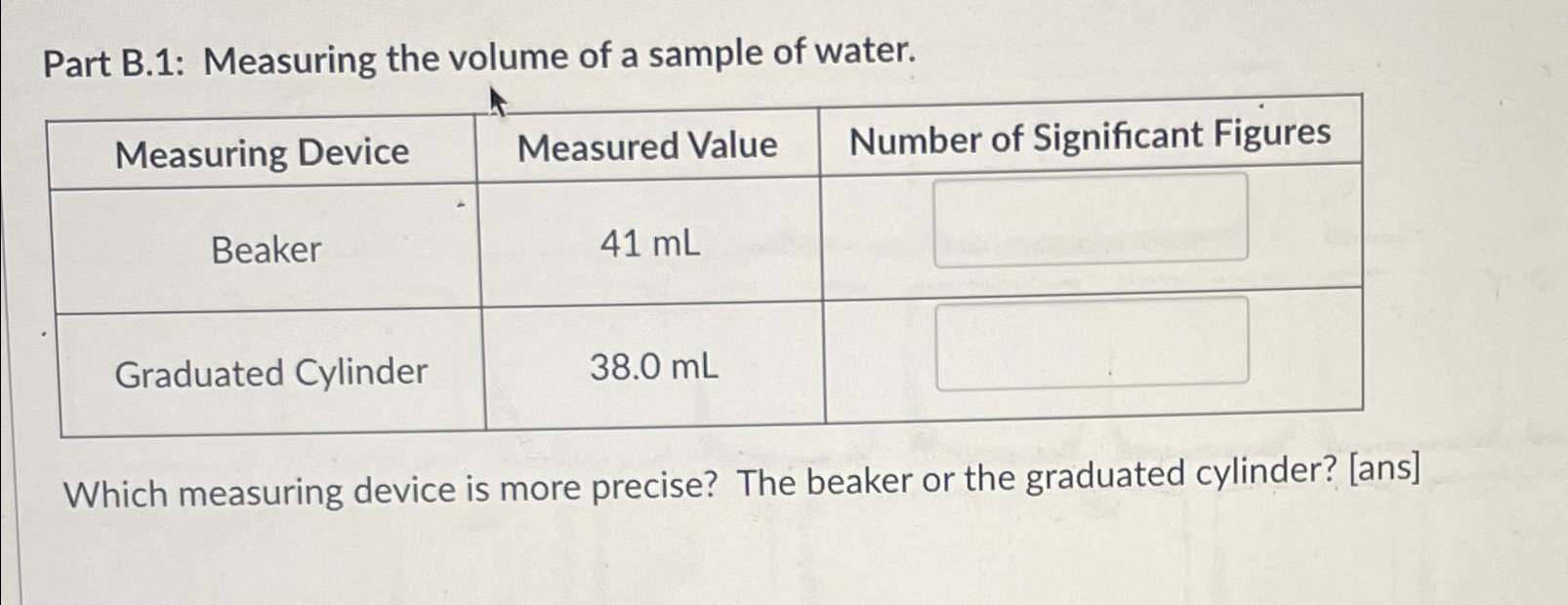 Solved Part B.1: Measuring the volume of a sample of | Chegg.com