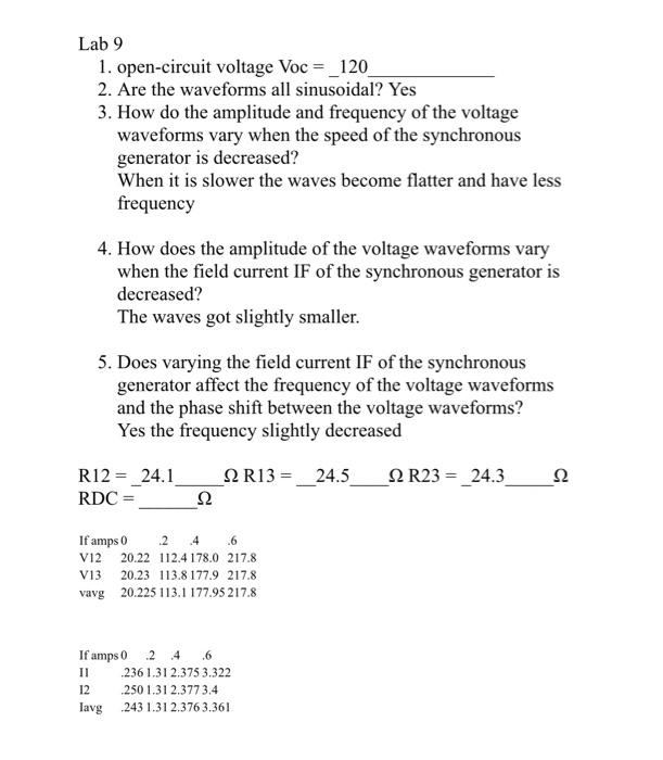 Solved Lab 9 1. open-circuit voltage Voc=120 2. Are the | Chegg.com