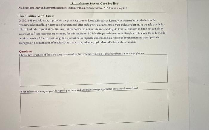 Solved Circulatory System Case Studies Read each case study | Chegg.com