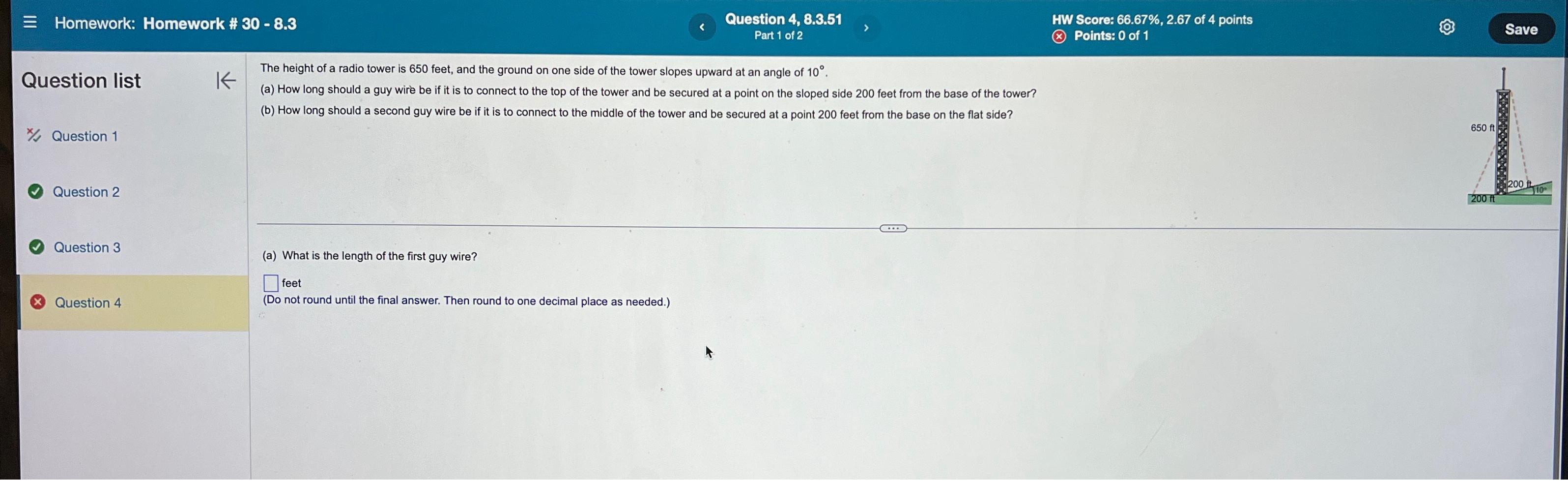 Solved The height of a radio tower is 650 ﻿feet, and the | Chegg.com