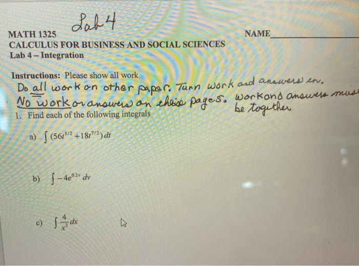 Solved Lab 4 NAME MATH 1325 CALCULUS FOR BUSINESS AND SOCIAL | Chegg.com